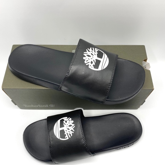 Timberland | Shoes | Timberland Black Logo Leather Pool Slides Sandals ...